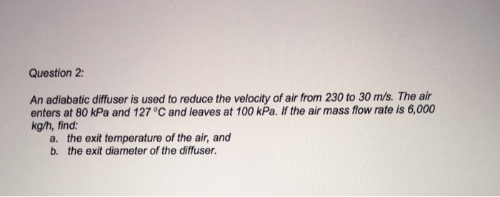 Solved Question 2: An adiabatic diffuser is used to reduce | Chegg.com