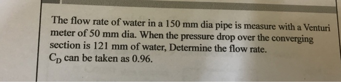 Solved The flow rate of water in a 150 mm dia pipe is | Chegg.com