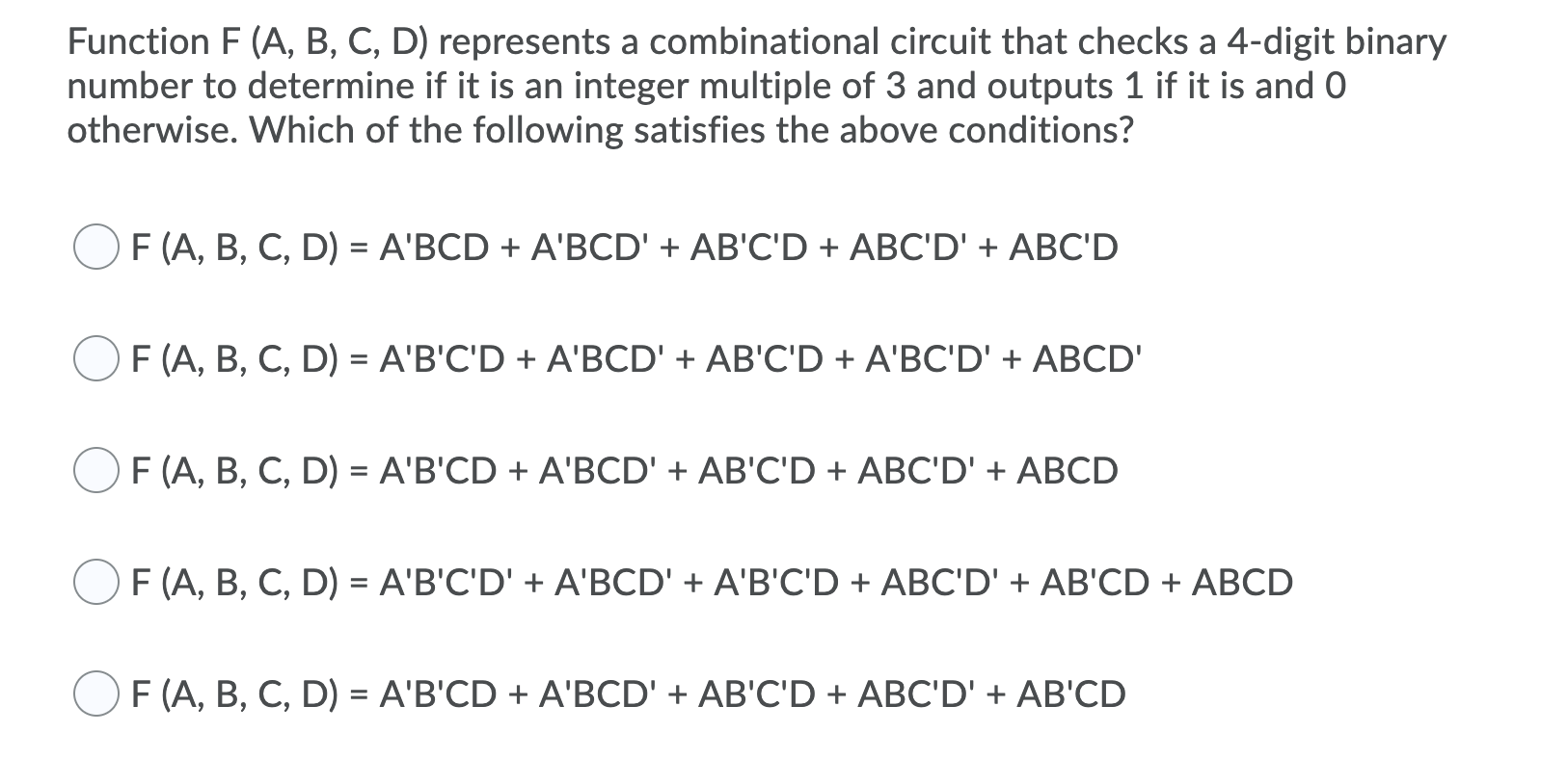 Solved Function F (A, B, C, D) represents a combinational | Chegg.com