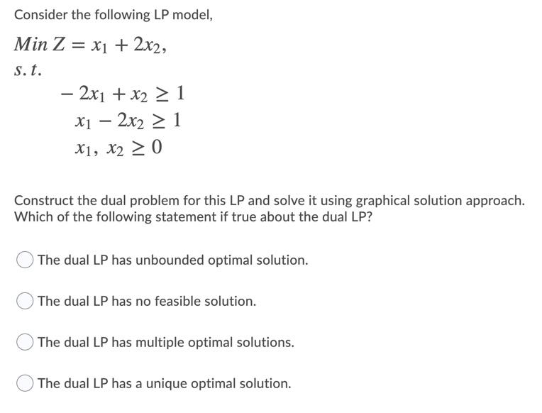Solved Consider the following LP model, Min Z = x1 + 2x2, | Chegg.com
