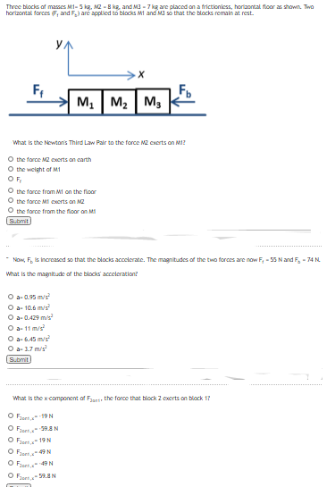 Solved Three blocks of mass M1-5 kg, MQ-B, and M - 7 kg are | Chegg.com