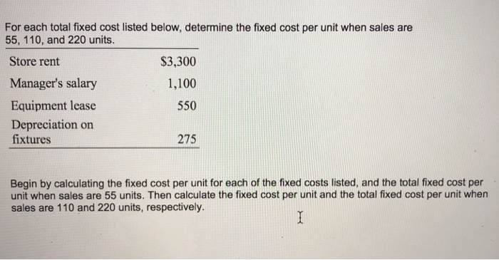 Solved For each total fixed cost listed below, determine the | Chegg.com