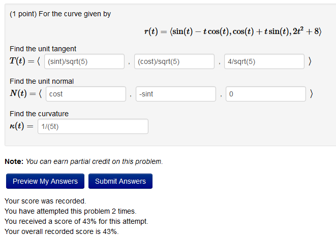 Solved (1 point) For the curve given by r(t) = (sin(t) – | Chegg.com
