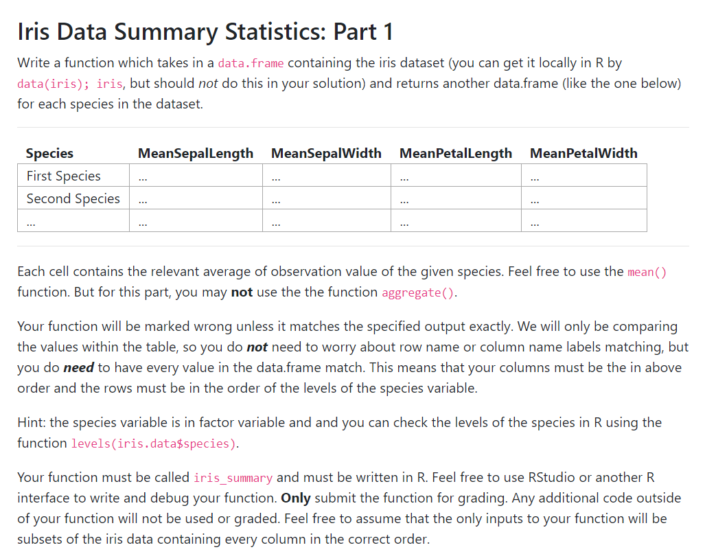 Iris Data Summary Statistics: Part 1 Write a function | Chegg.com