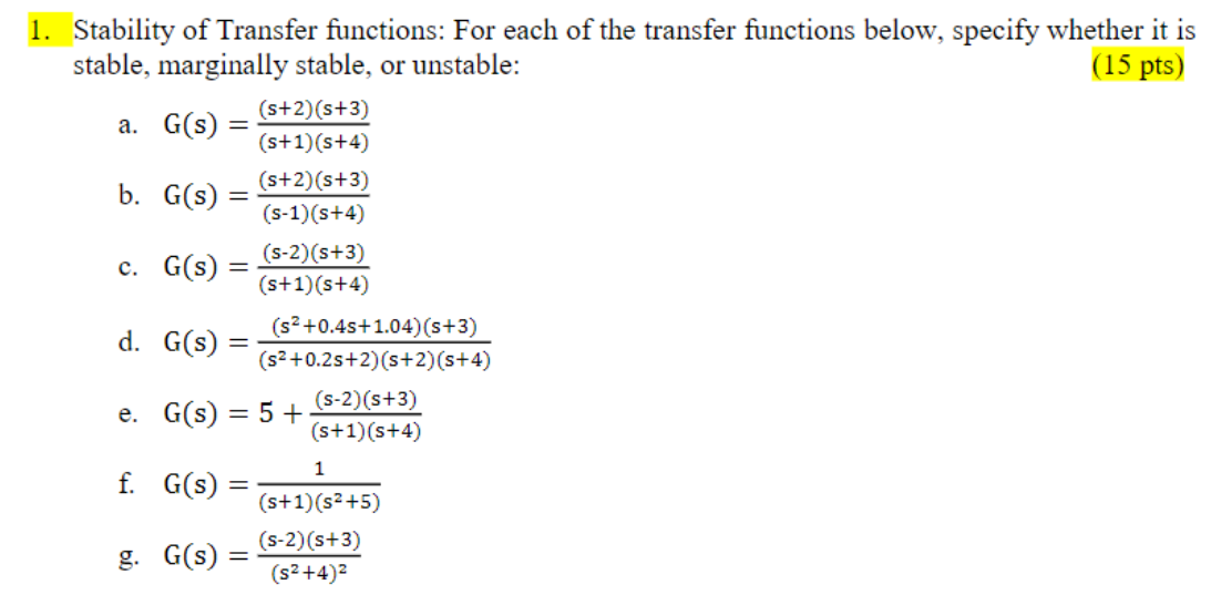 Solved Stability of Transfer functions: For each of the | Chegg.com