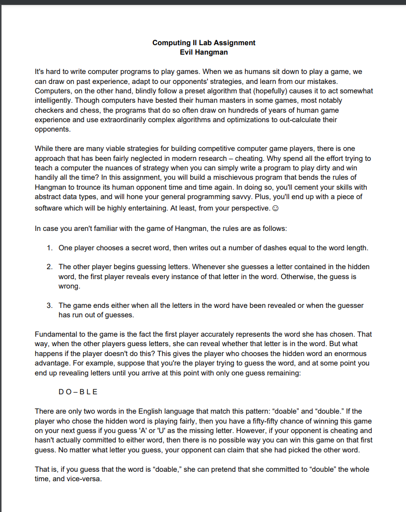 Computing II Lab Assignment Evil Hangman It's hard to | Chegg.com