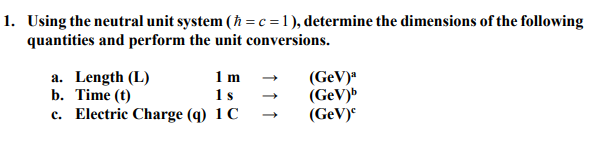 Solved 1. Using the neutral unit system (ħ=c=1), determine | Chegg.com