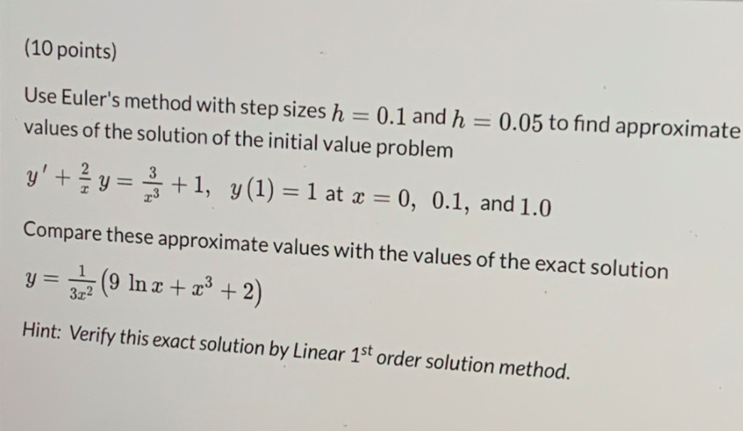 Solved (10 points) Use Euler's method with step sizes h = | Chegg.com