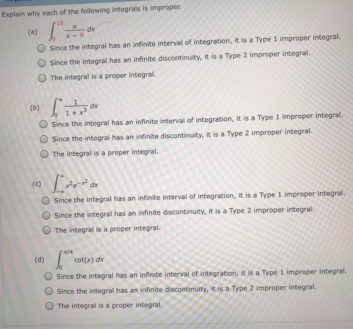 Solved Explain why each of the following integrals is | Chegg.com