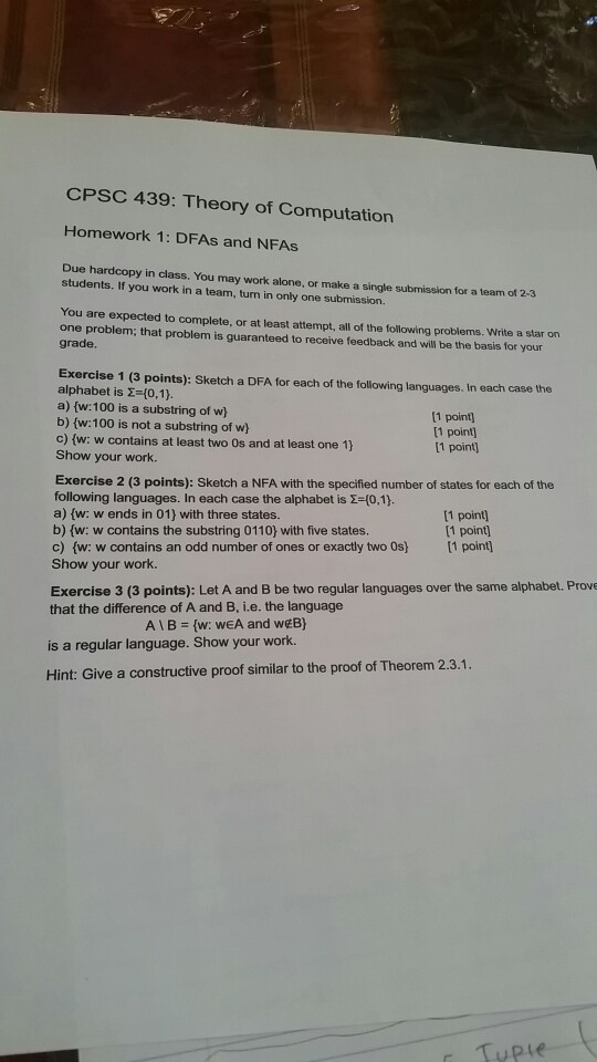 Solved CPSC 439: Theory of Computation Homework 1: DFAs and | Chegg.com