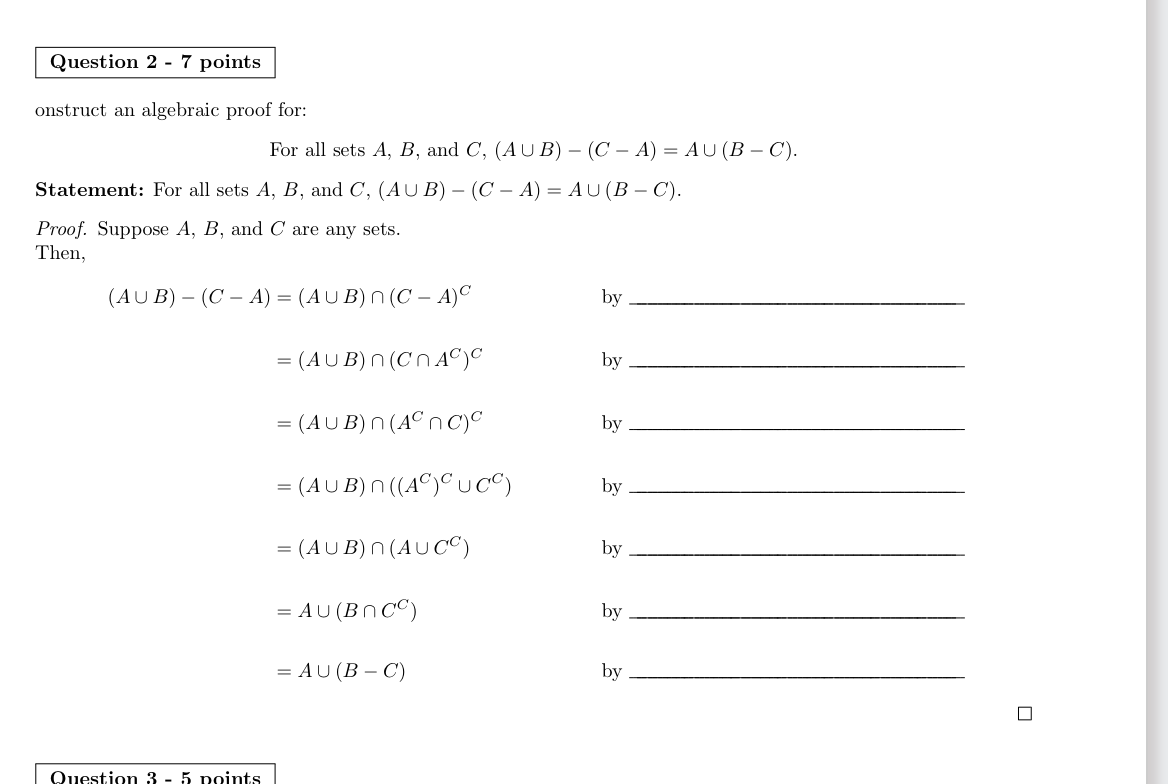 Solved onstruct an algebraic proof for: For all sets A,B, | Chegg.com Solved onstruct an algebraic proof for: For all sets A,B, | Chegg.com