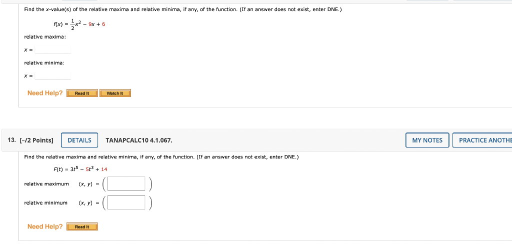 Solved f(x)=21x2−9x+6 relative maxima: x= relative minima: | Chegg.com