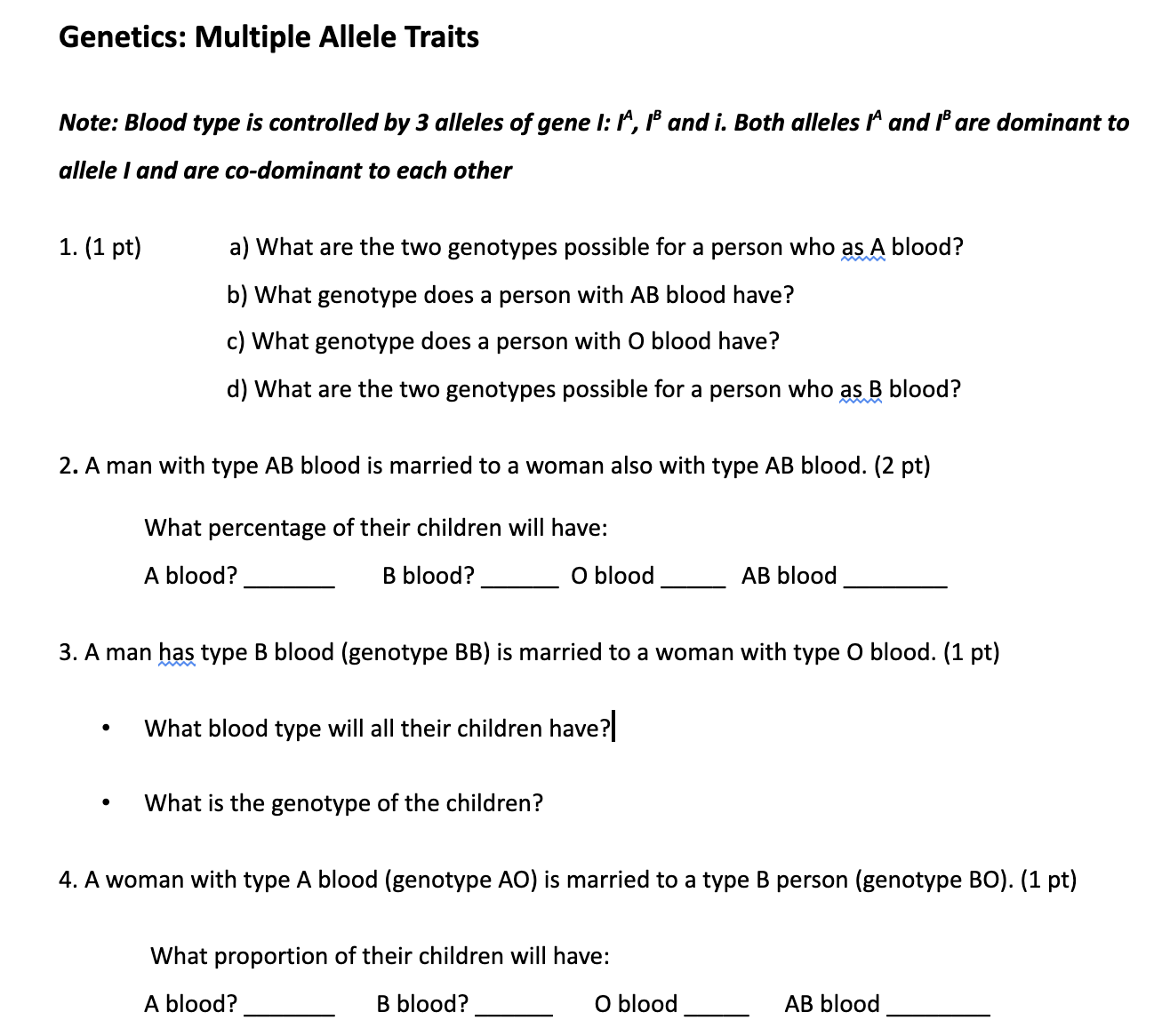 Solved Genetics: Multiple Allele Traits Note: Blood type is | Chegg.com