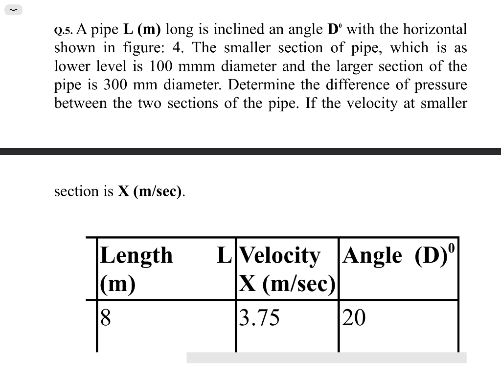 Solved Q.5. A pipe L (m) long is inclined an angle D' with | Chegg.com