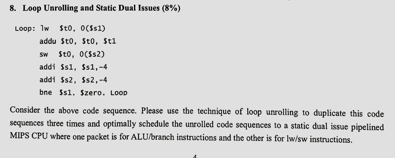 Solved 8. Loop Unrolling and Static Dual Issues (8%) Loop: | Chegg.com
