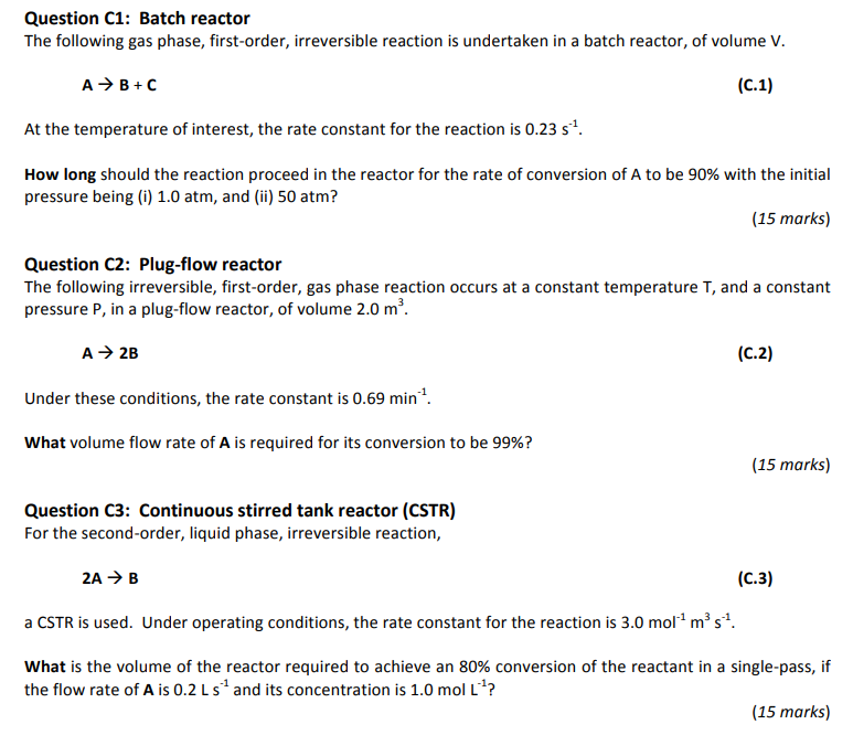 Solved Question C1: Batch reactor The following gas phase, | Chegg.com