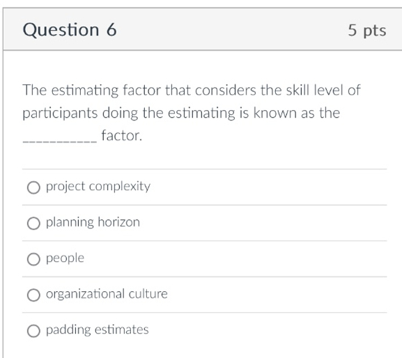 Solved Question 6The estimating factor that considers the | Chegg.com