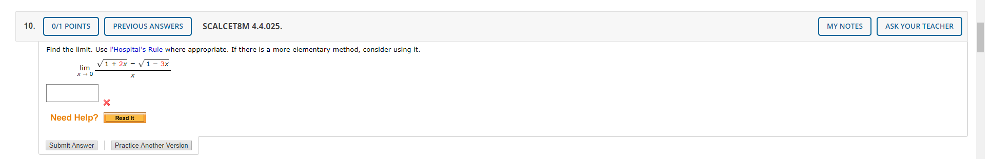 Solved 10. 0/1 POINTS PREVIOUS ANSWERS SCALCET8M 4.4.025. MY | Chegg.com