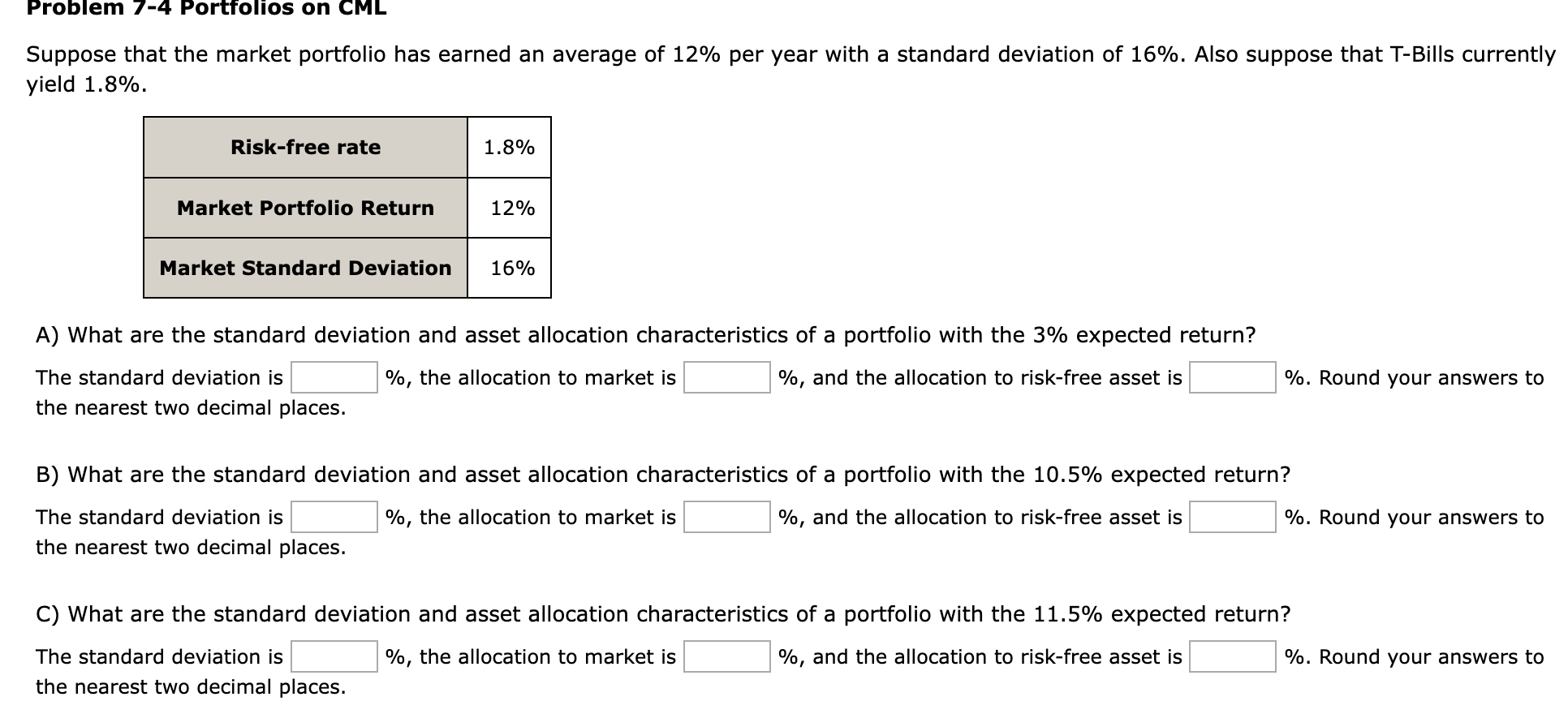 Solved Problem 7-4 ﻿Portfolios on CMLSuppose that the market | Chegg.com