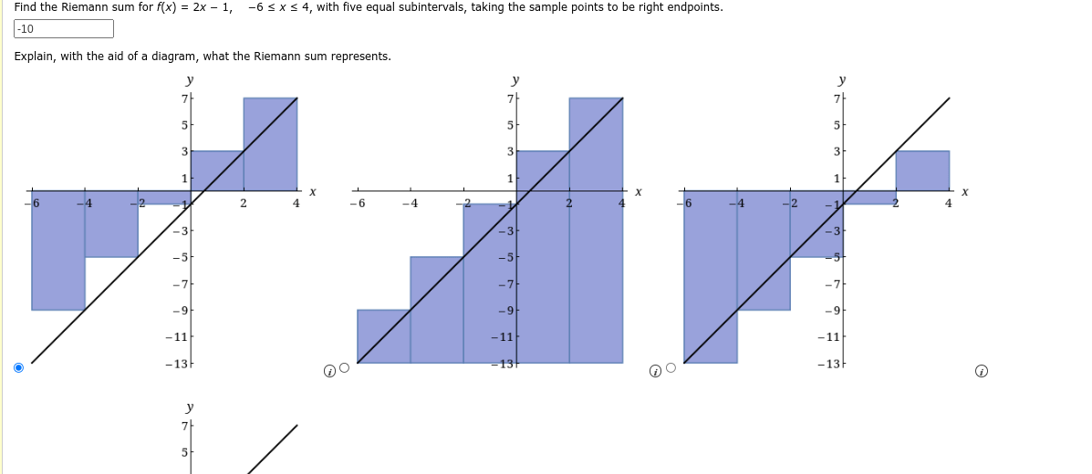 Solved Find the Riemann sum for f(x) = 2x -1, -6 ≤ x ≤ 4, | Chegg.com