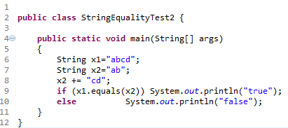 Solved 1 2 public class StringEqualityTest2 { 3 40 public | Chegg.com