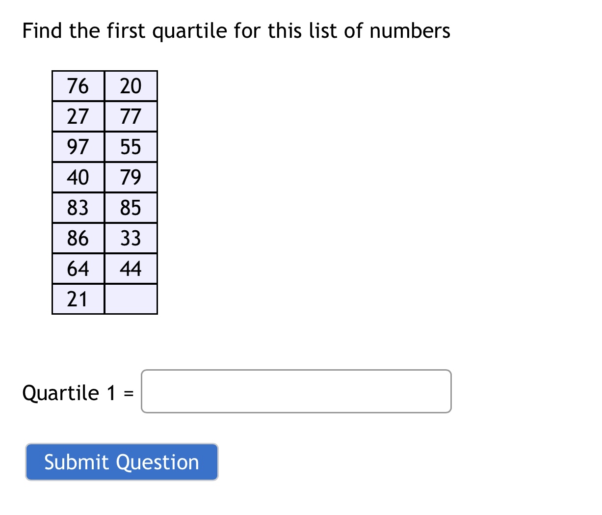 Solved Find the first quartile for this list of | Chegg.com