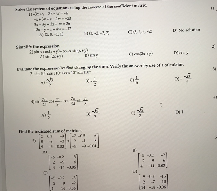Solved solve the system of equations using the inverse of | Chegg.com