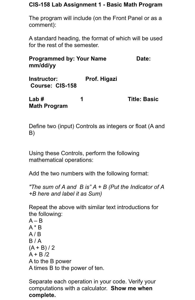 Solved CIS-158 Lab Assignment 1 - Basic Math Program The | Chegg.com