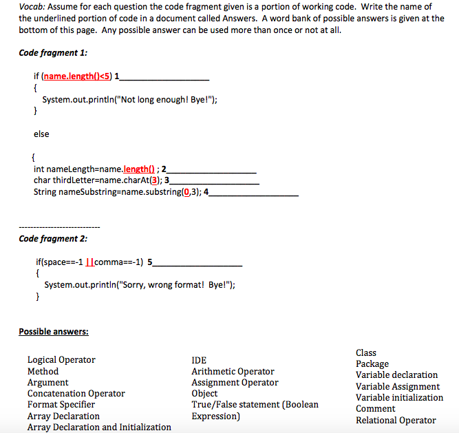 Solved Vocab Assume For Each Question The Code Fragment 