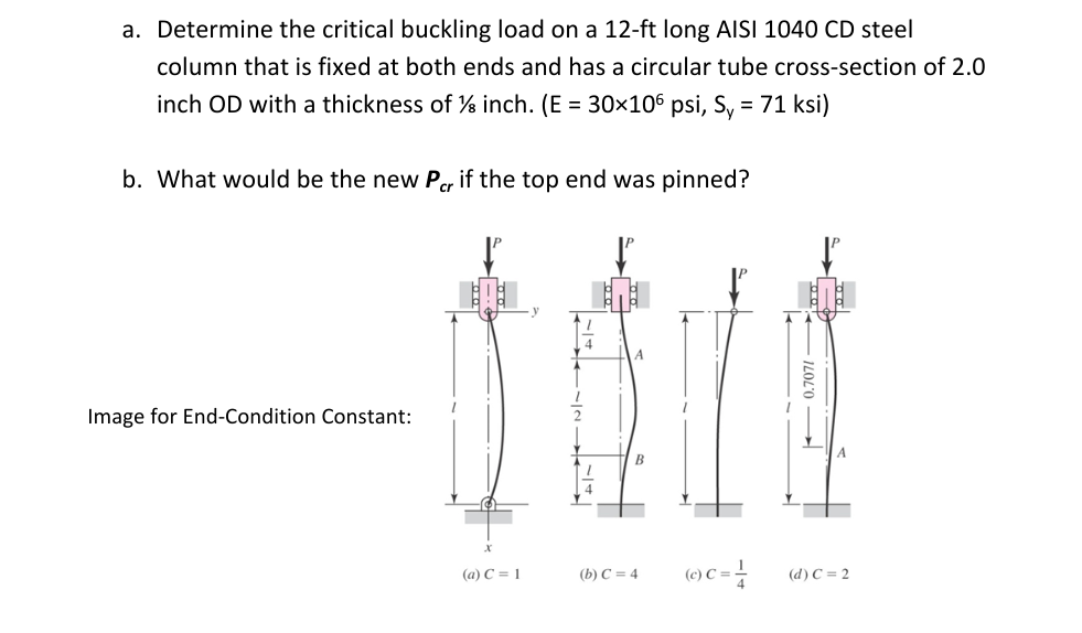 Solved a. Determine the critical buckling load on a 12-ft | Chegg.com