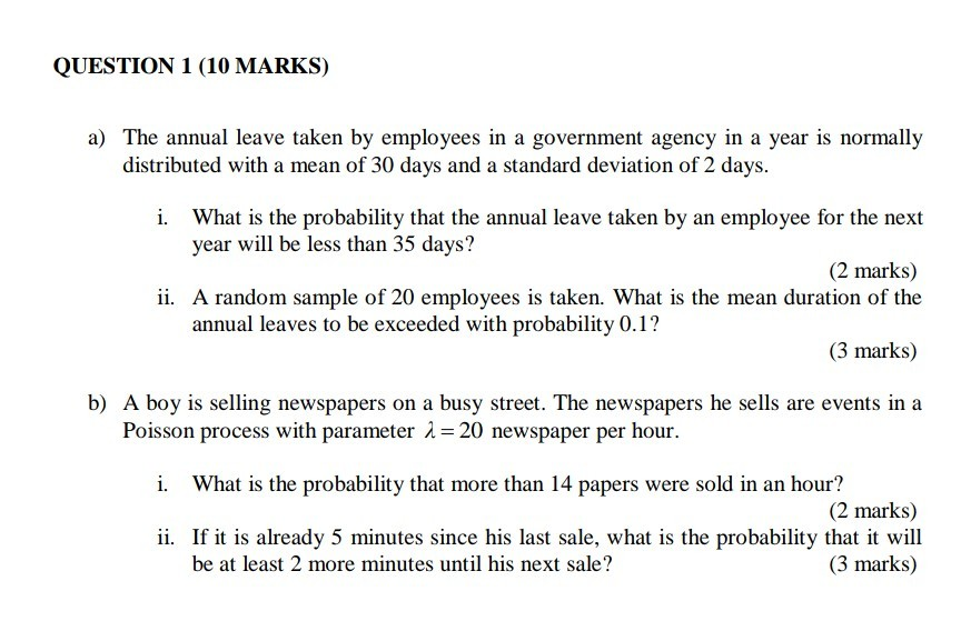 Solved QUESTION 1 (10 MARKS) a) The annual leave taken by | Chegg.com