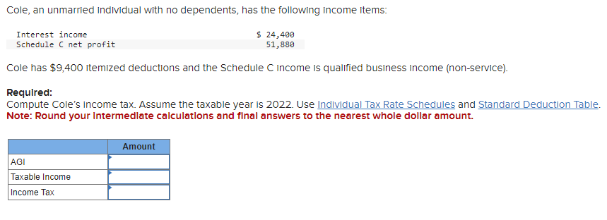 Solved Cole, an unmarried Individual with no dependents, has | Chegg.com