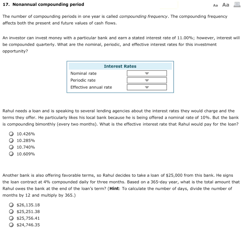 Solved 17. Nonannual compounding period Aa Aa The number of | Chegg.com