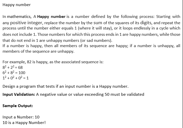 Solved Happy number In mathematics, A Happy number is a | Chegg.com