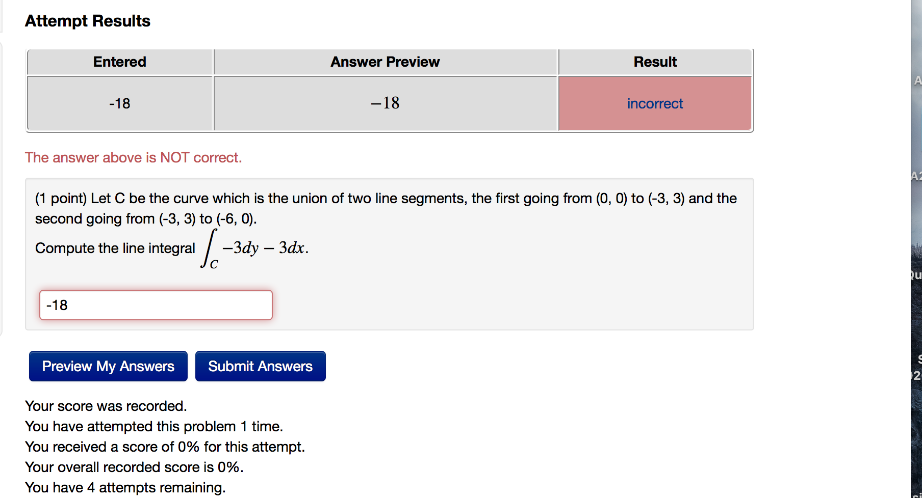 Solved Attempt Results Entered Answer Preview Result А -18 | Chegg.com