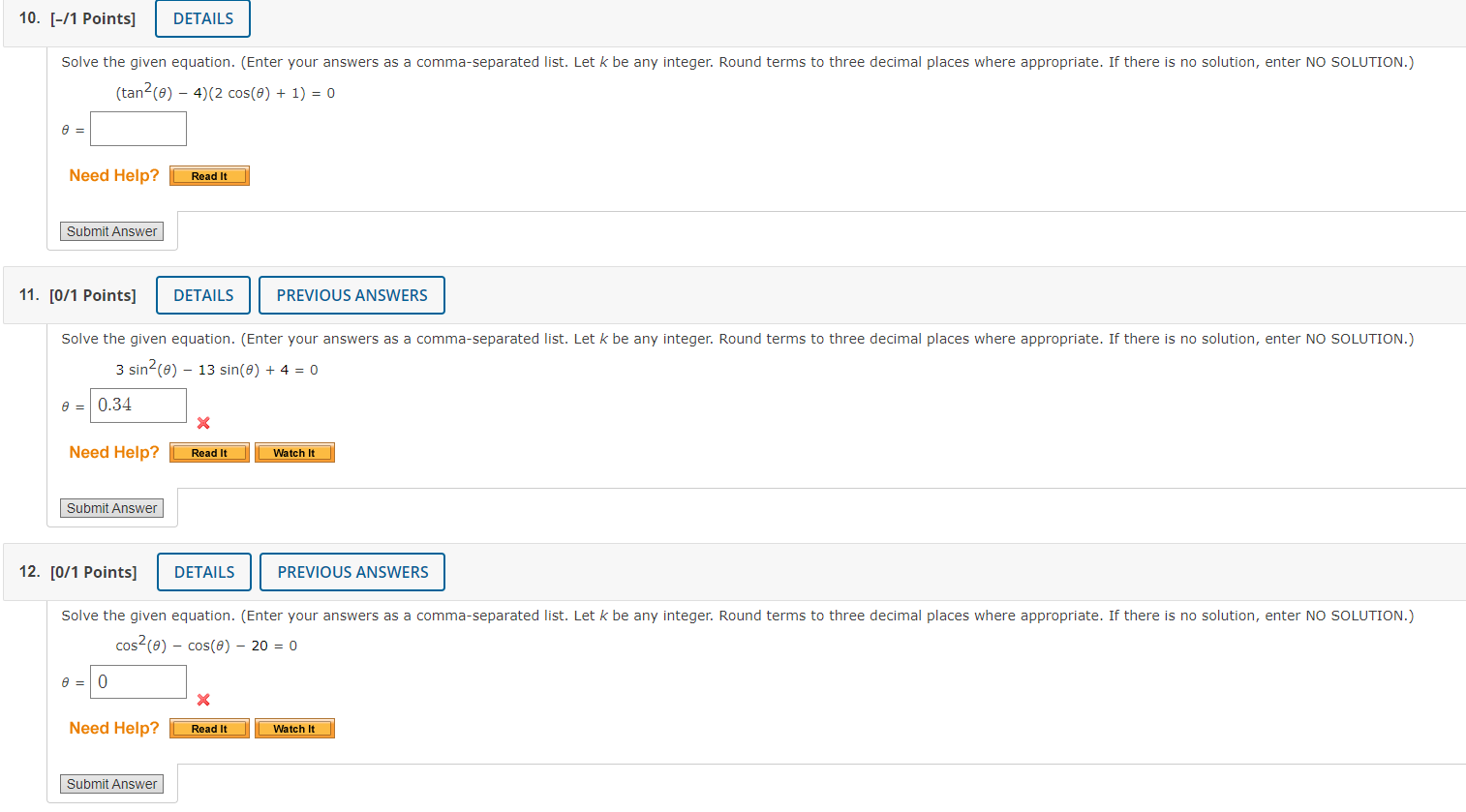 Solved (tan2(θ)−4)(2cos(θ)+1)=0 θ= 0/1 Points] | Chegg.com
