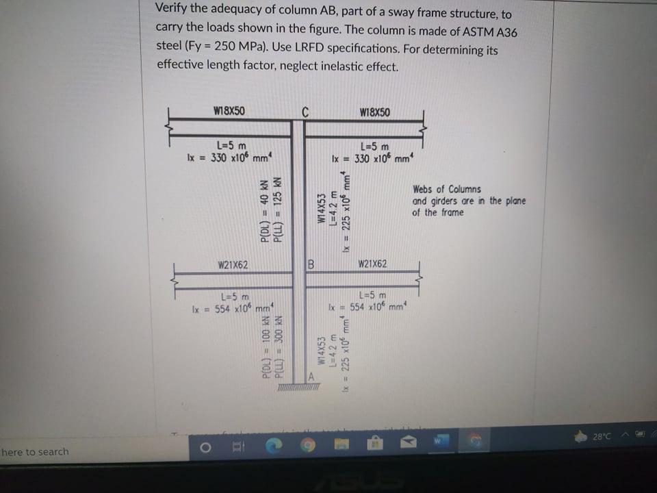 Solved Verify the adequacy of column AB, part of a sway | Chegg.com