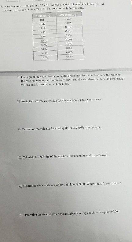 Solved 3, A student mixes 3 00 mL of 2.27 x 10M crystal | Chegg.com