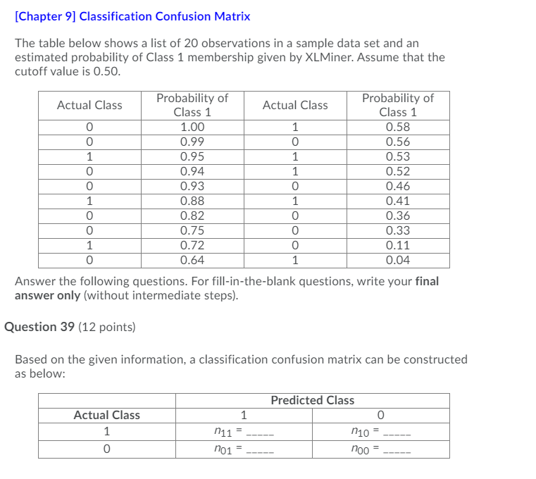 Solved [Chapter 9) Classification Confusion Matrix The table | Chegg.com