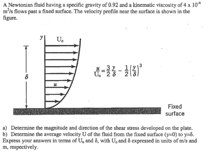 Solved A Newtonian fluid having a specific gravity of 0.92 | Chegg.com