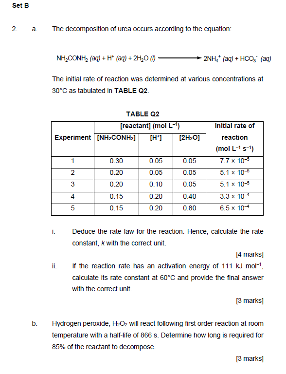 Solved Set B 2. a. The decomposition of urea occurs | Chegg.com