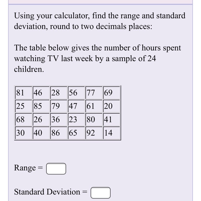 Solved Using your calculator, find the range and standard | Chegg.com