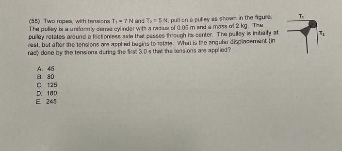 Solved (55) Two ropes, with tensions T1=7 N and T2=5 N, pull | Chegg.com
