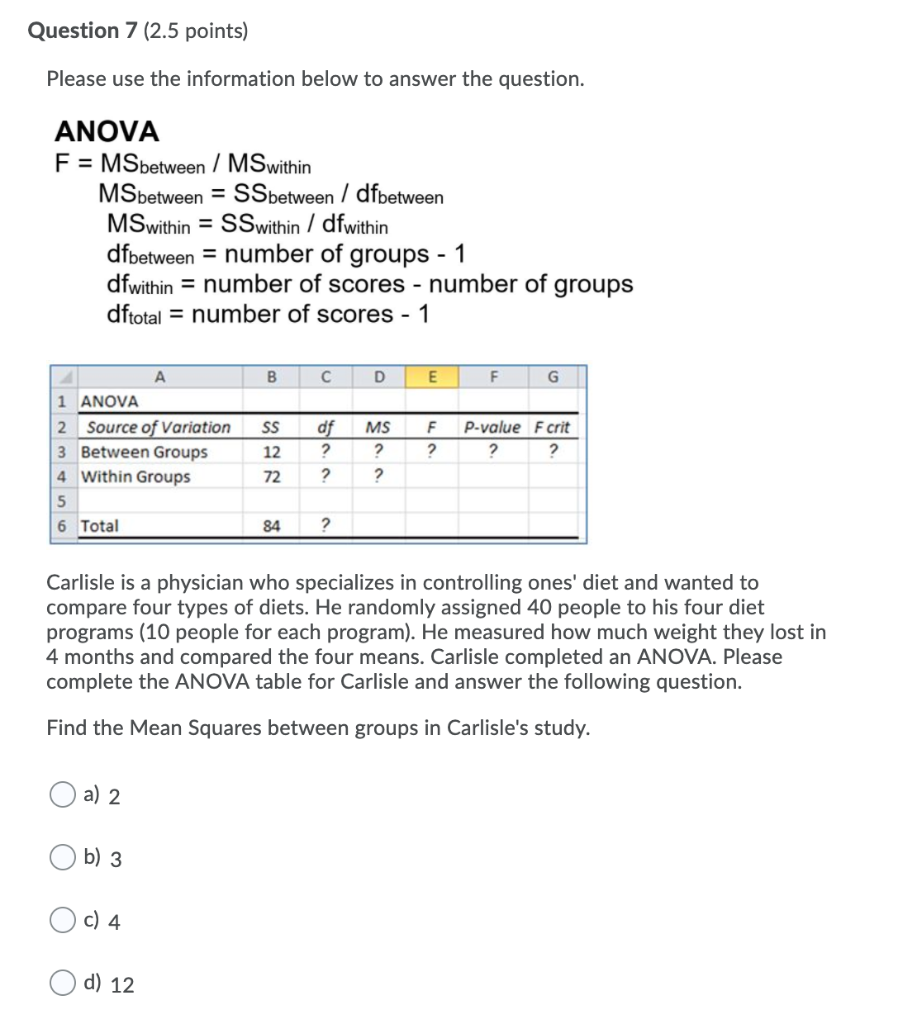 Solved Question 7 (2.5 points) Please use the information | Chegg.com
