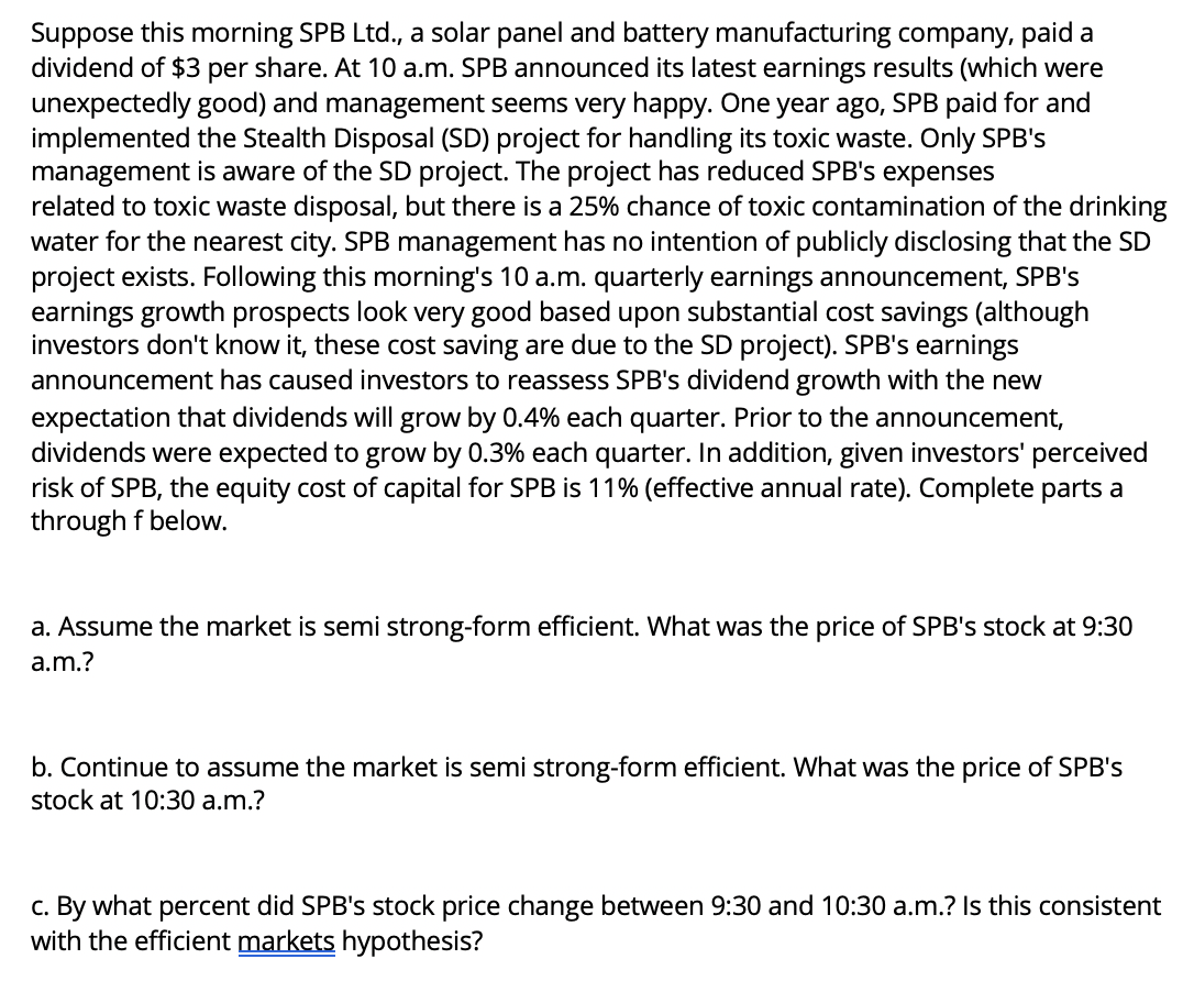Suppose this morning SPB Ltd., a solar panel and | Chegg.com