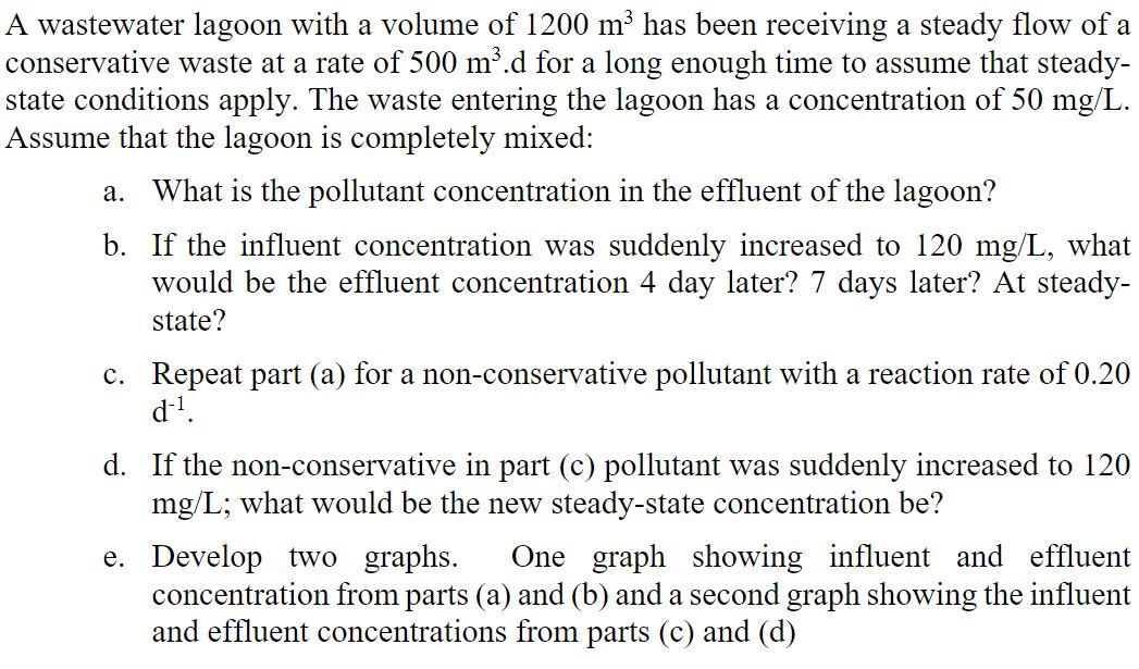 Solved A wastewater lagoon with a volume of 1200 m² has been | Chegg.com