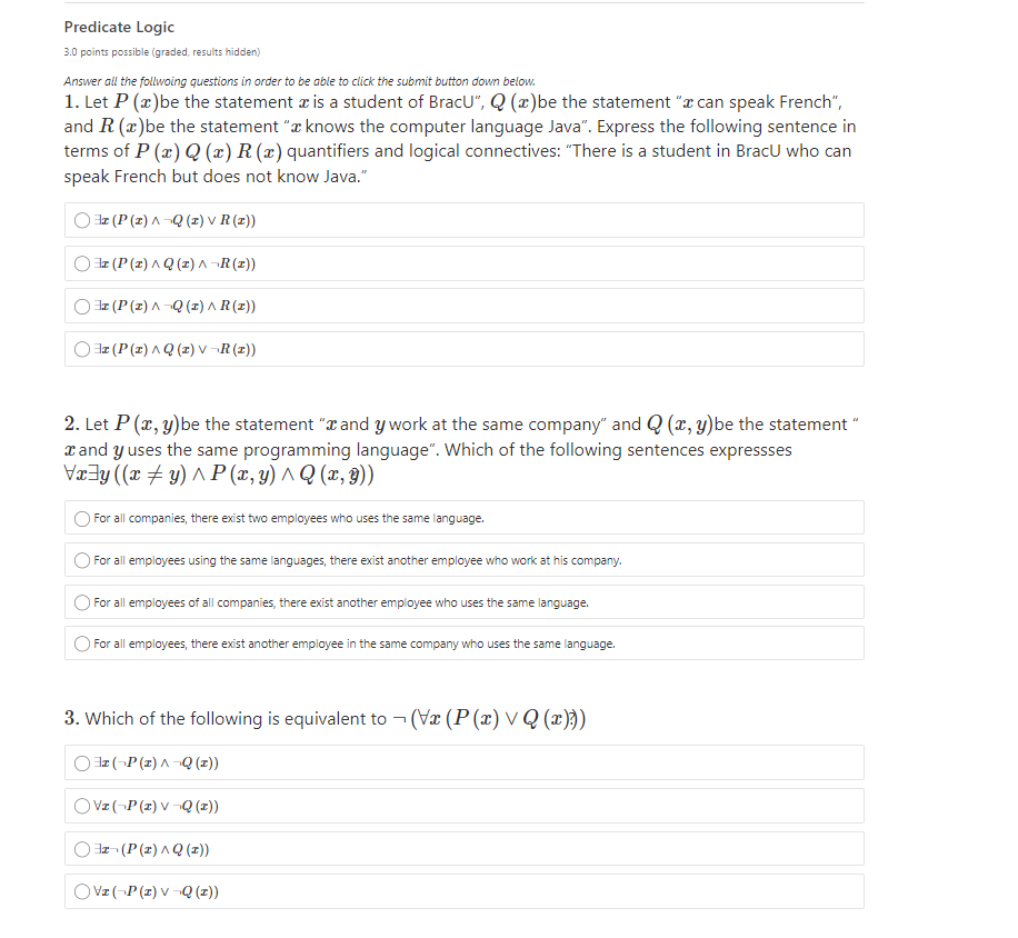 Solved Predicate Logic 3.0 points possible (graded results | Chegg.com