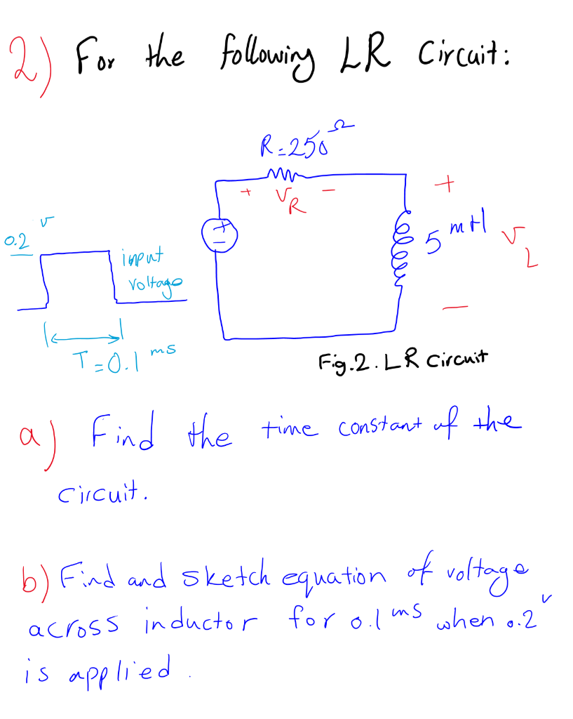 Solved 2) For the following LR Circuit: R 250 m + Ve - 7 + | Chegg.com