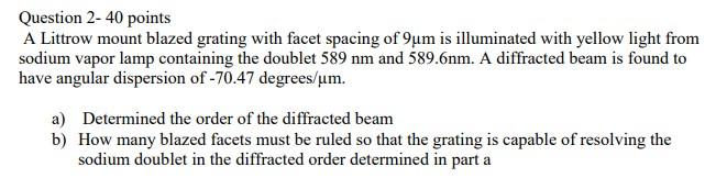 Solved Question 2- 40 points A Littrow mount blazed grating | Chegg.com