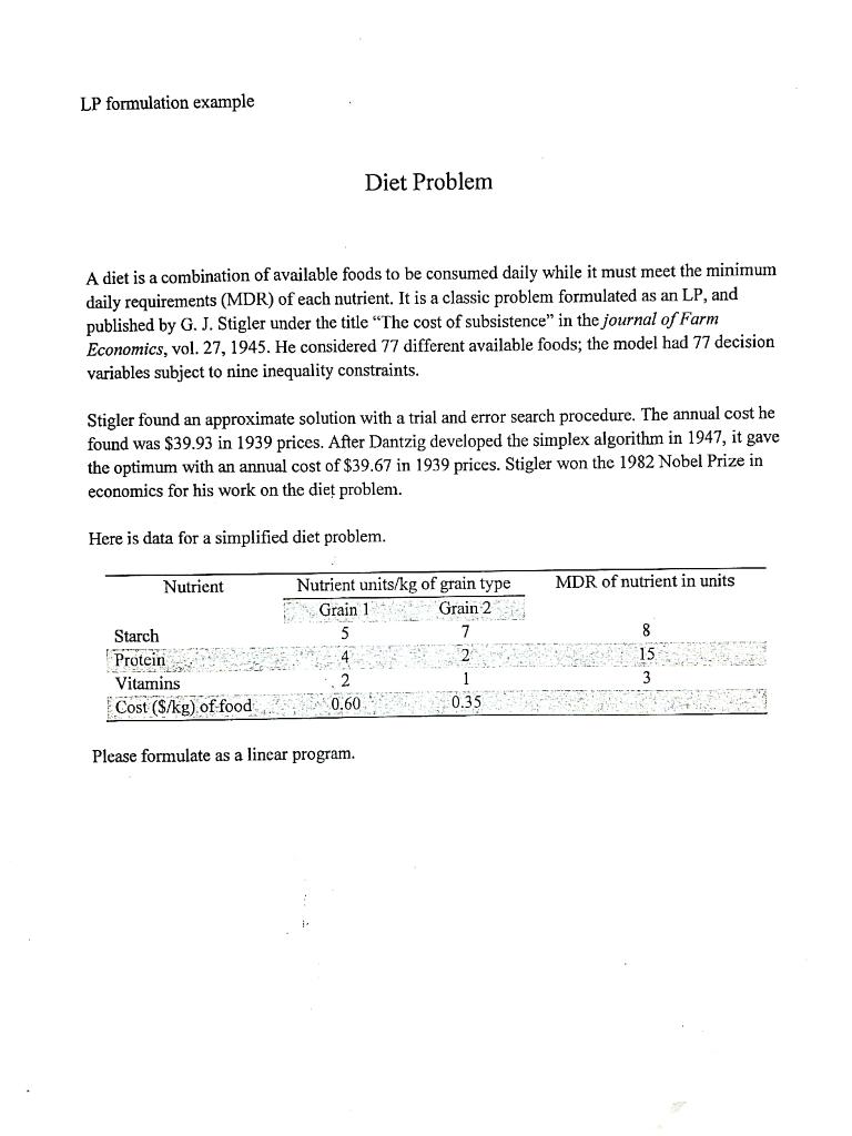 Solved LP formulation example Diet Problem A diet is a | Chegg.com